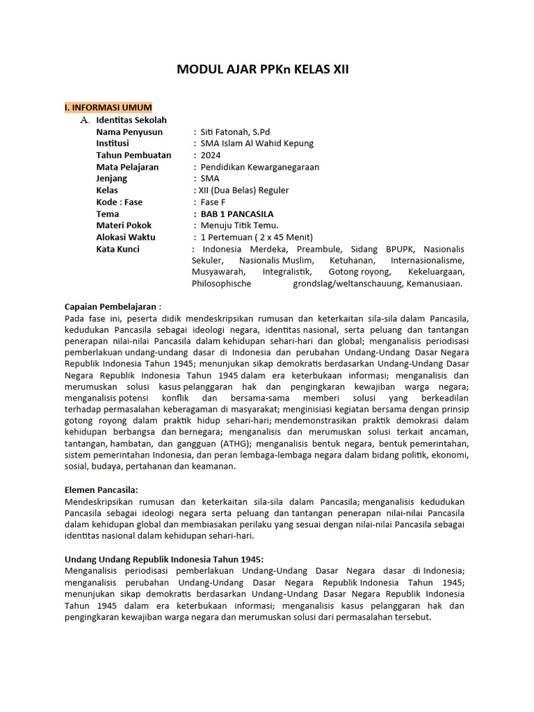 MODUL AJAR PPKN KELAS XII | PDF | Sains & Matematika