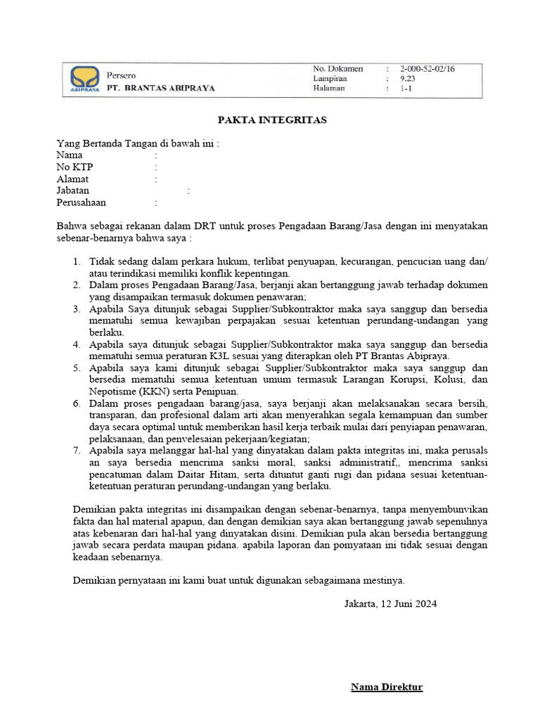 Pakta Integritas, K3, Pernyataan Dalam DRT - Form Kosong | PDF
