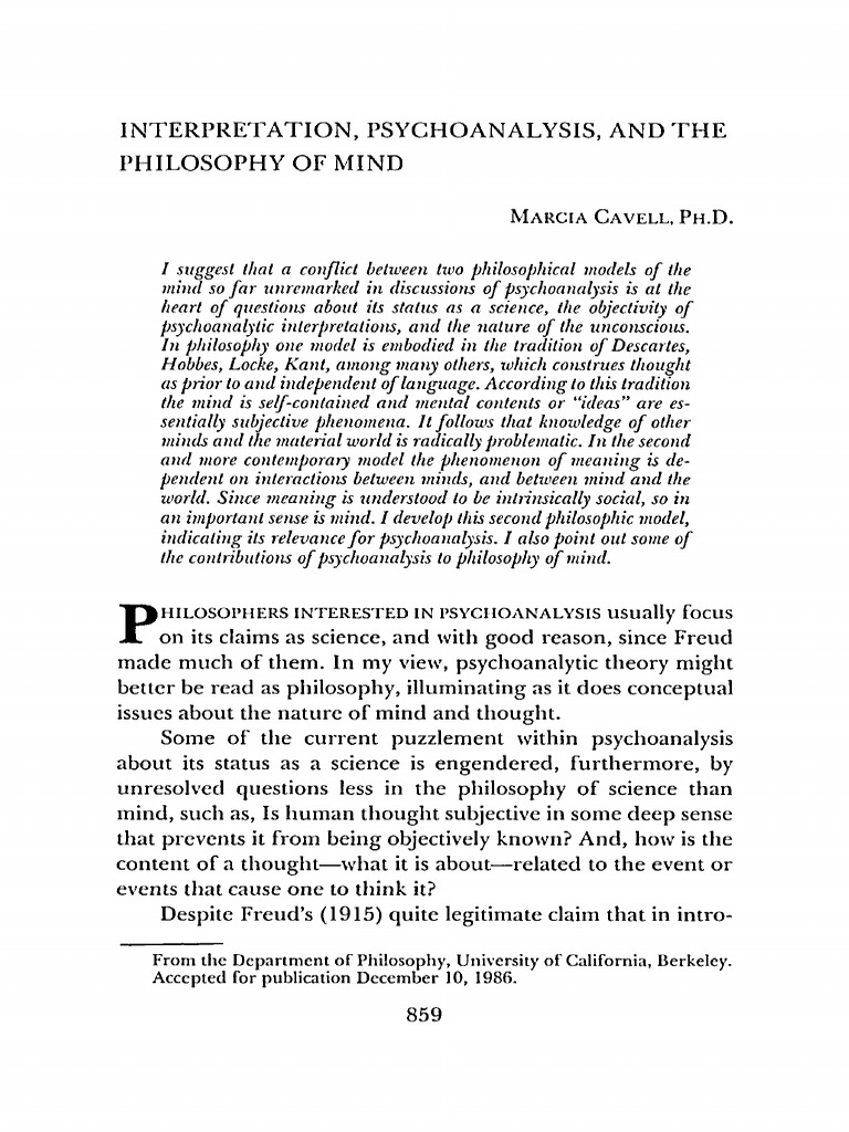 Cavell 1988 Interpretation Psychoanalysis and The Philosophy of Mind ...