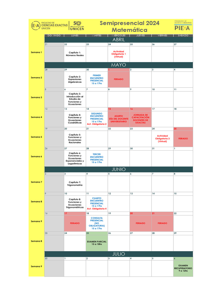 Cronograma Matemática Semi 2024 | PDF | Ecuaciones | Matemática Elemental