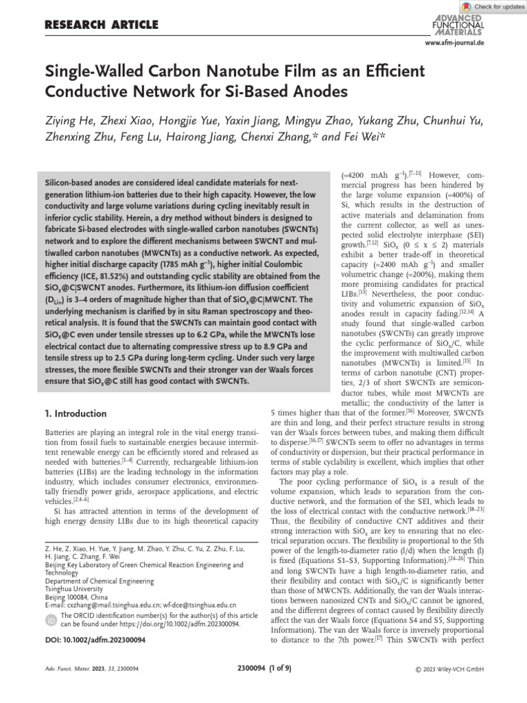 Adv Funct Materials - 2023 - He - Single Walled Carbon Nanotube Film As An Efficient Conductive ...