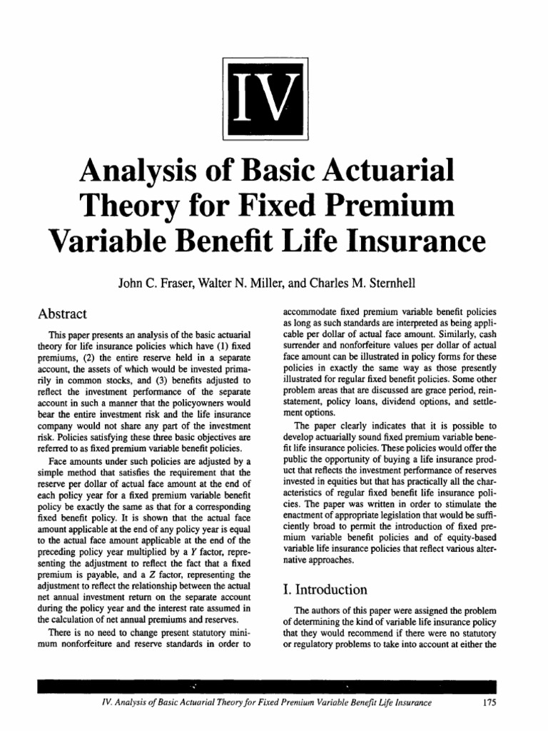 Analysis of Basic Actuarial Theory For Fixed Premium Variable Benefit ...