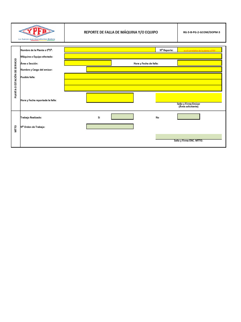 Reporte de Falla de Máquina Y/O Equipo: RG-3-B-PG-2-GCOM/DOPM-3 | PDF