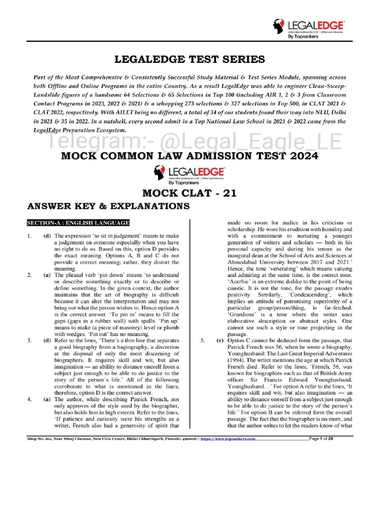 LE-Mock CLAT 21 Explanations | PDF