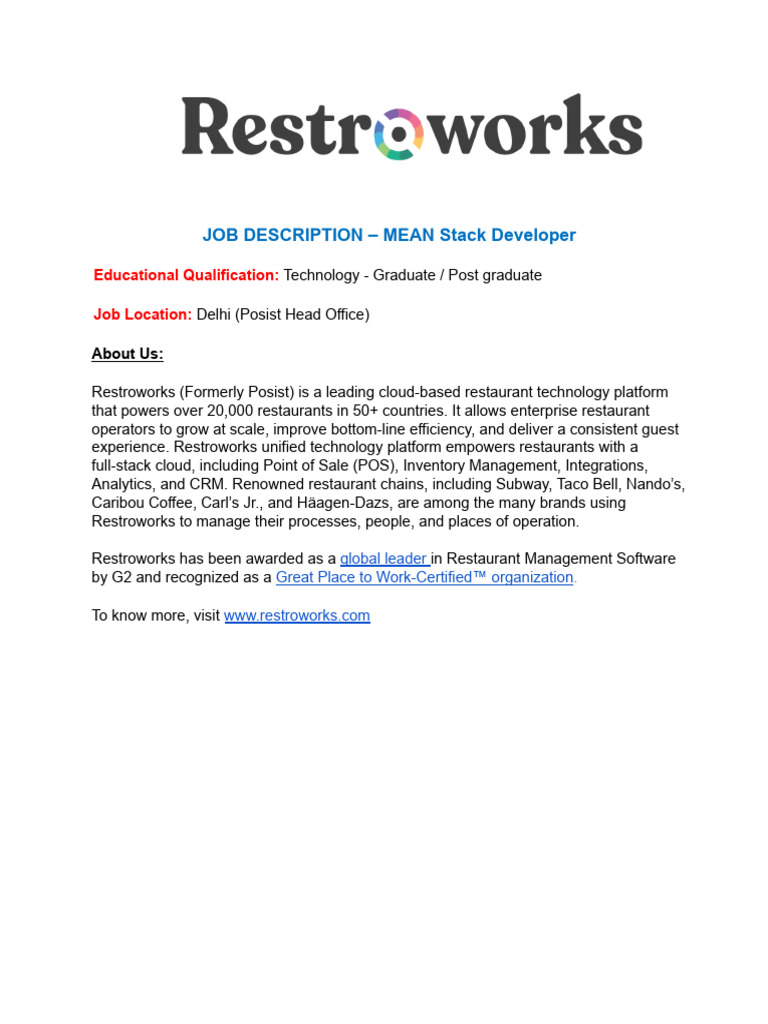 MEAN Stack Developer - Restroworks (Campus 2025 Batch) | PDF | Computers