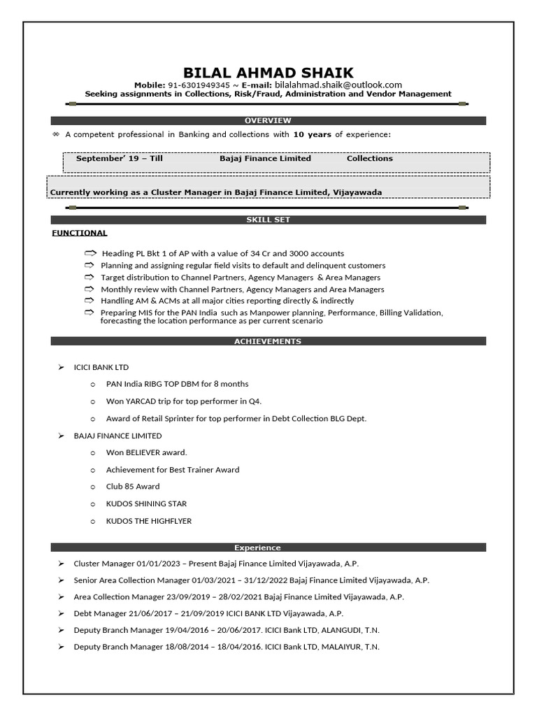 Sample Resume For Cluster Manager | PDF | Personal Finance | Private Sector