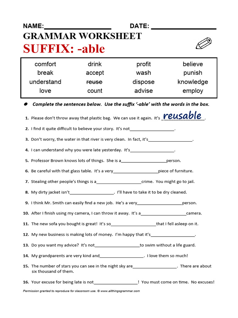 Atg Worksheet Suffix Able | PDF | Language Arts & Discipline