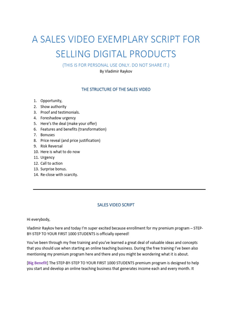 Long+Sales+Video+Script+For+Selling+Digital+Products | PDF ...