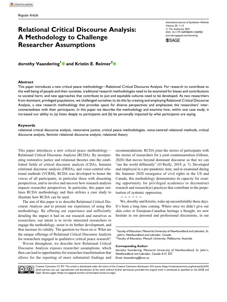 Vaandering Reimer 2021 Relational Critical Discourse Analysis A ...