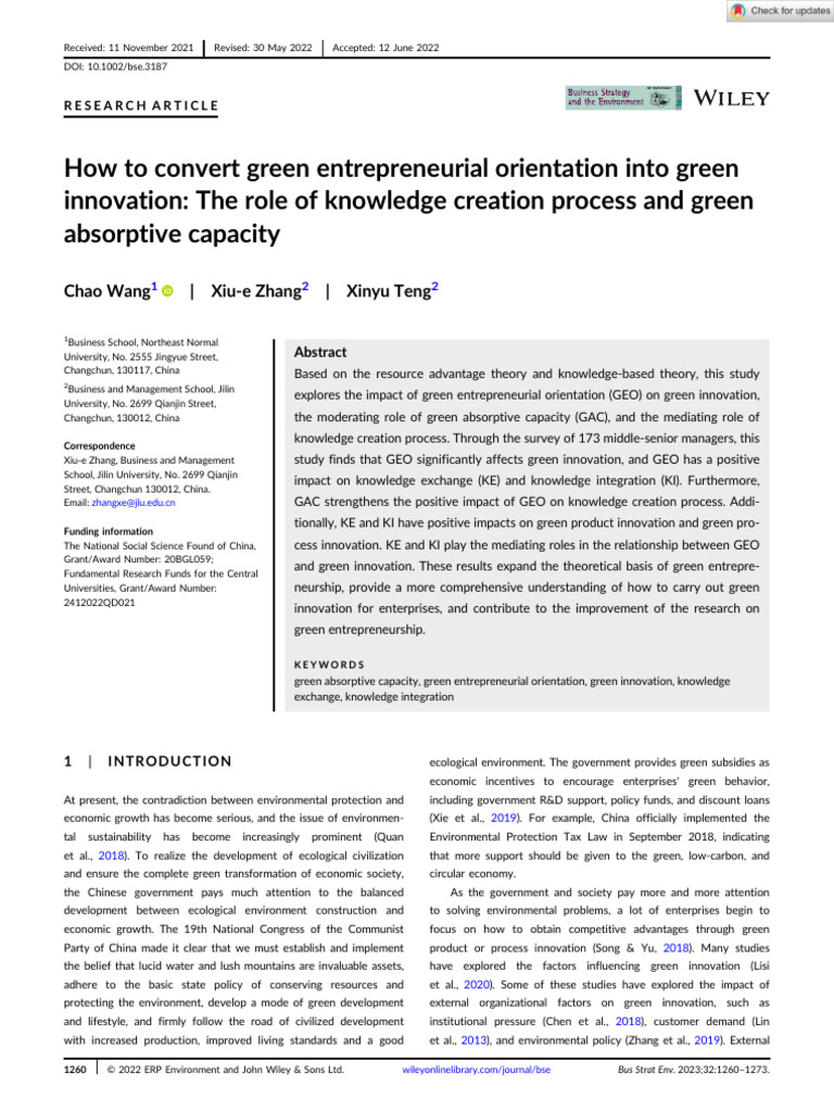 Bus Strat Env - 2022 - Wang - How To Convert Green Entrepreneurial Orientation Into Green ...