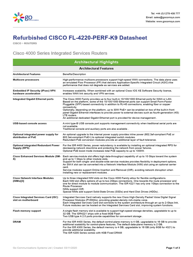 Cisco FL 4220 Perf k9 Datasheet | PDF | Computer Data Storage | Router (Computing)