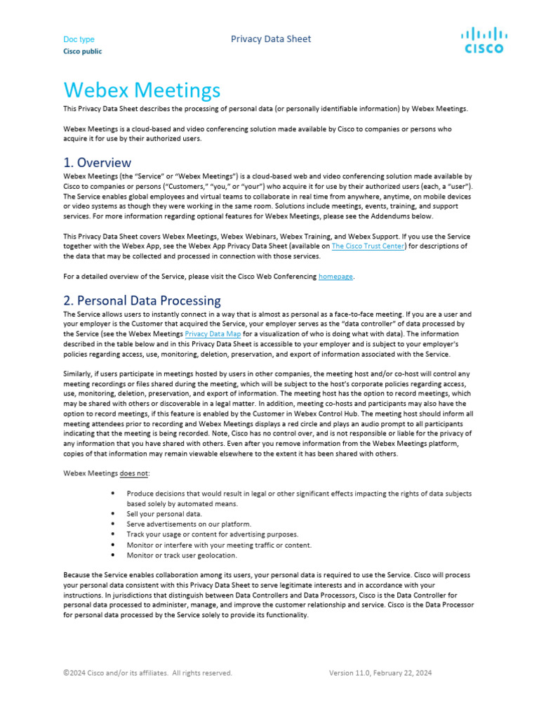 Cisco Webex Meetings Privacy Data Sheet | PDF | Encryption | Transport ... Cisco Webex Meetings Privacy Data Sheet | PDF | Encryption | Transport ...