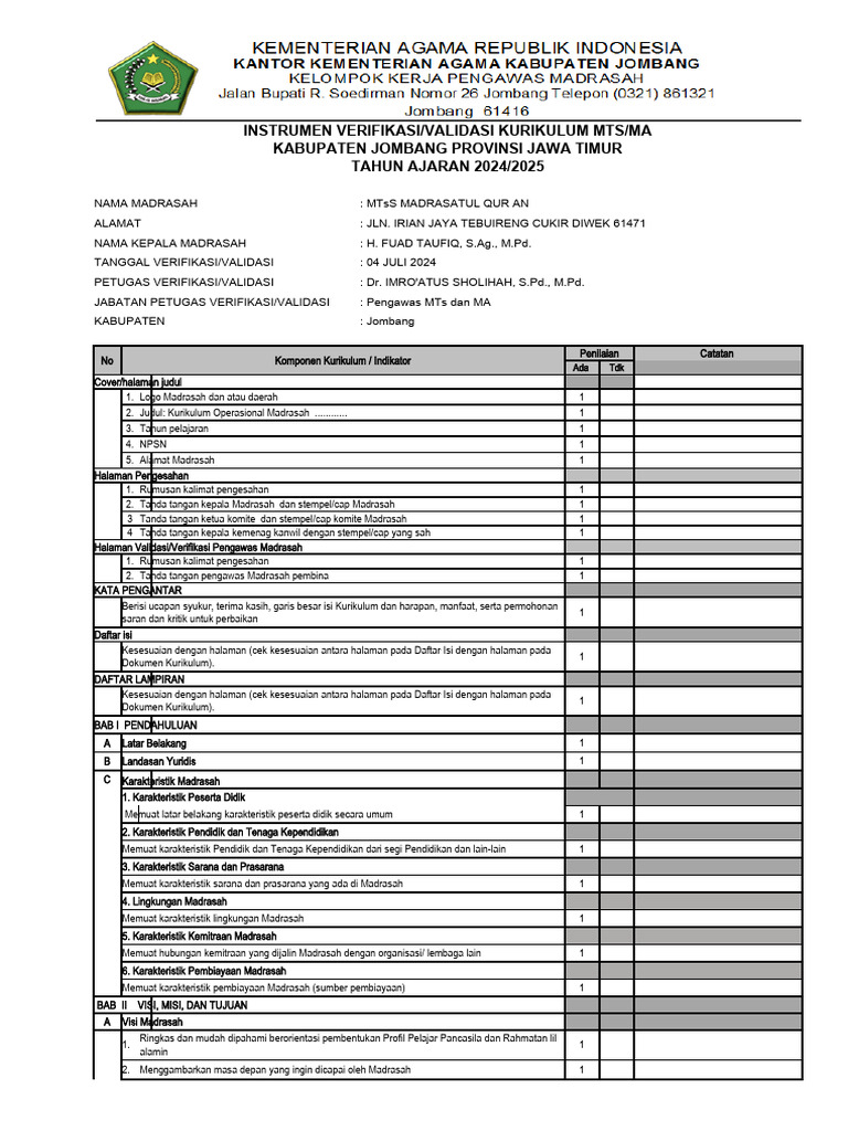 Instrumen Verval KURIKULUM Tapel. 2024-2025 | PDF