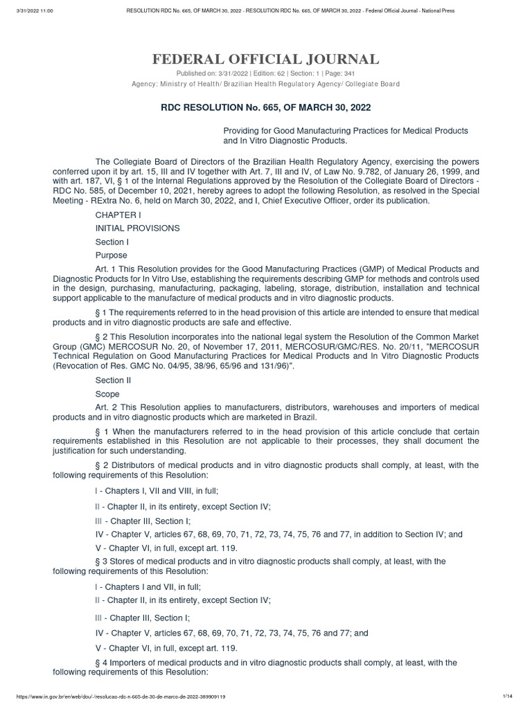 RDC - 665 2022 - GMP - Medical Device Brazil | PDF | Verification And ...