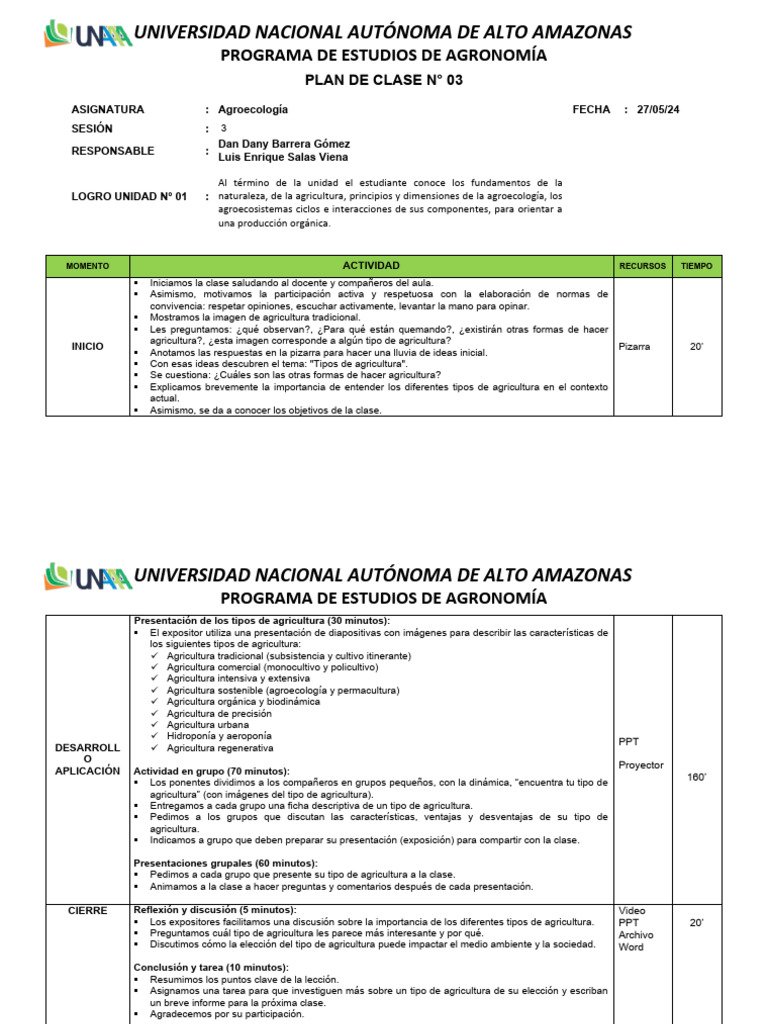PLAN DE CLASE 3. Tipos de Agricultura | PDF | Agricultura | Agroecología