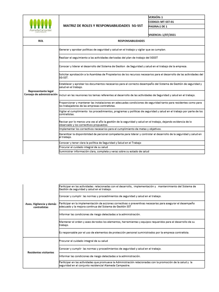 Mt-sst-01 Matriz de Roles y Responsabilidades SST | PDF | La seguridad ...