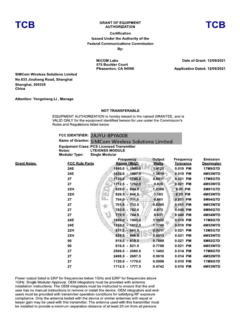 SIM7600G FCC Certificate 2021 | PDF