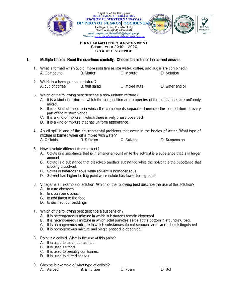 Grade 6 Science Q 1 SY 19-20 | PDF | Mixture | Chemical Substances