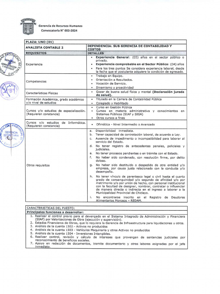 Anexo N 01 Puestos Cas 002 2024 MPCH | PDF