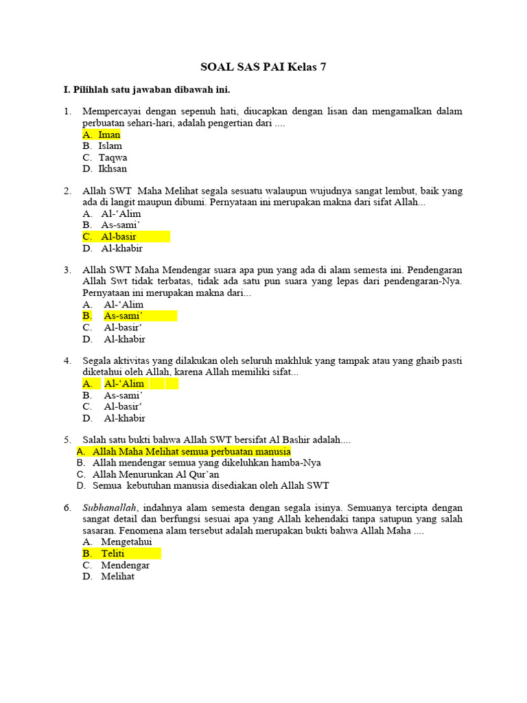 SOAL SAS PAI Kelas 7 | PDF | Agama & Spiritualitas
