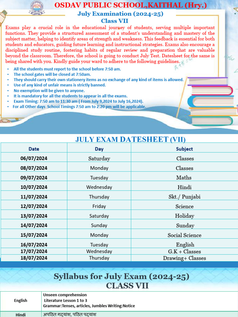 7th Class July Exam Date Sheet 2024 | PDF | Learning | Behavior Modification