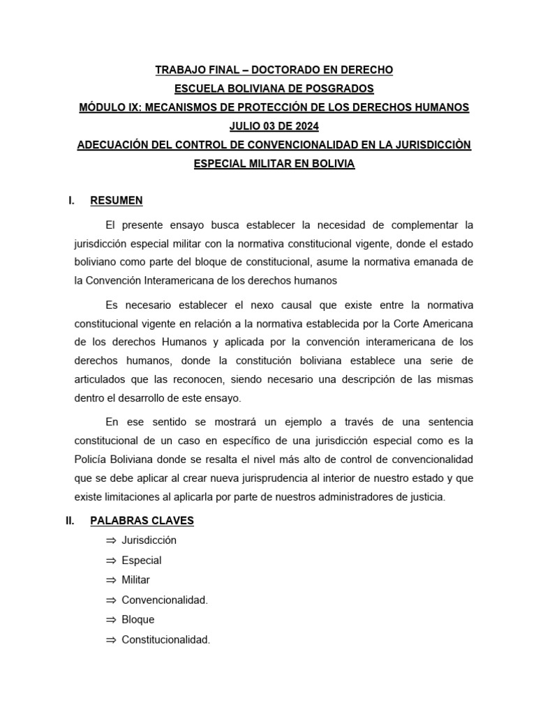 ENSAYO FINAL DE MODULO IX DD HH CONTROL DE CONVENSIONALIDAD JURISDICCION ESPECIAL MILITAR | PDF ...