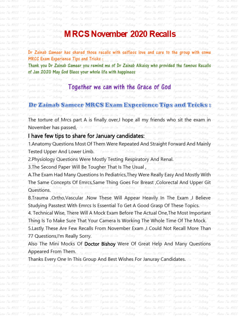 Recall 2020 November DR ZAinab Sameer MRCS Recalls Master The MRCS ...