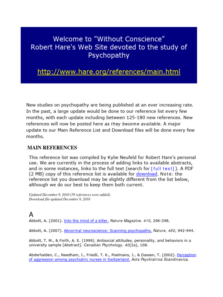 Hare References | PDF | Psychopathy | Mental Disorder