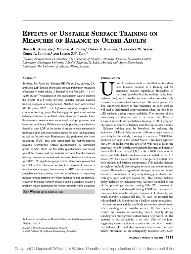 Effects of Unstable Surface Training On Measures of Balance in Older ...