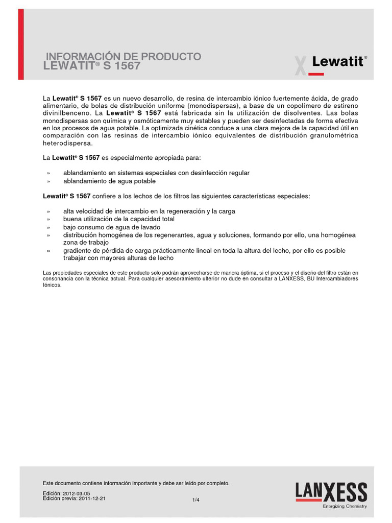 (Resn01) L Resina Cationica, Marca Lewatit, S1567, Bolsa X 25 L | PDF ...