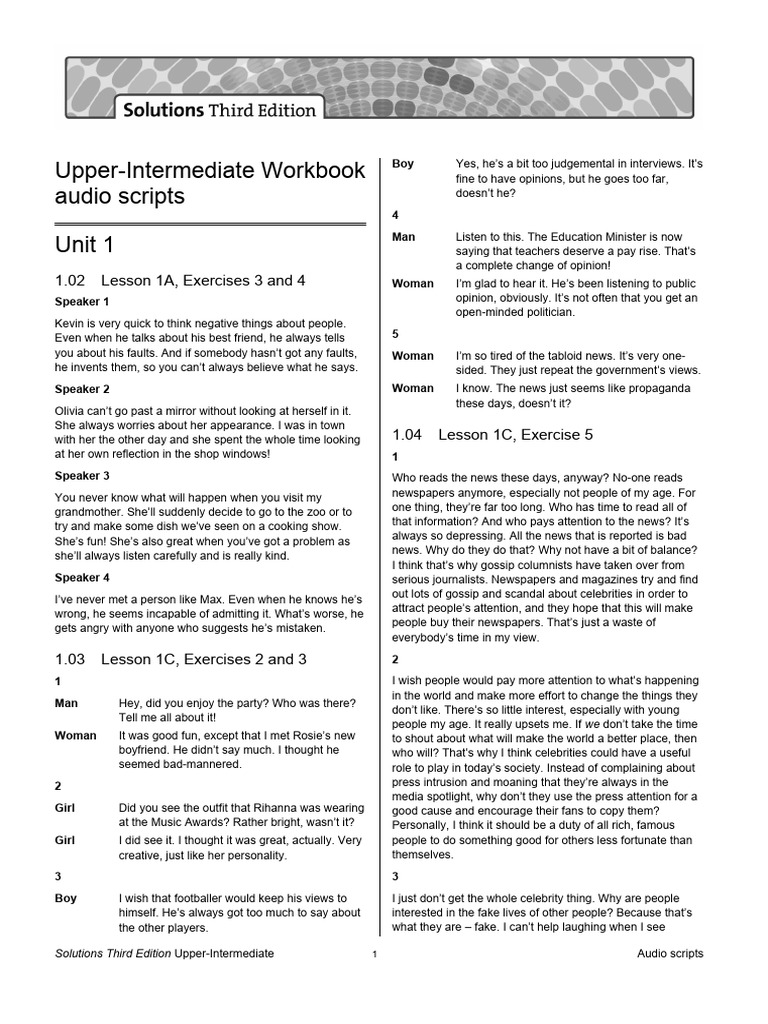 Upp-Int Workbook Unit 1 Audio Script | PDF | News