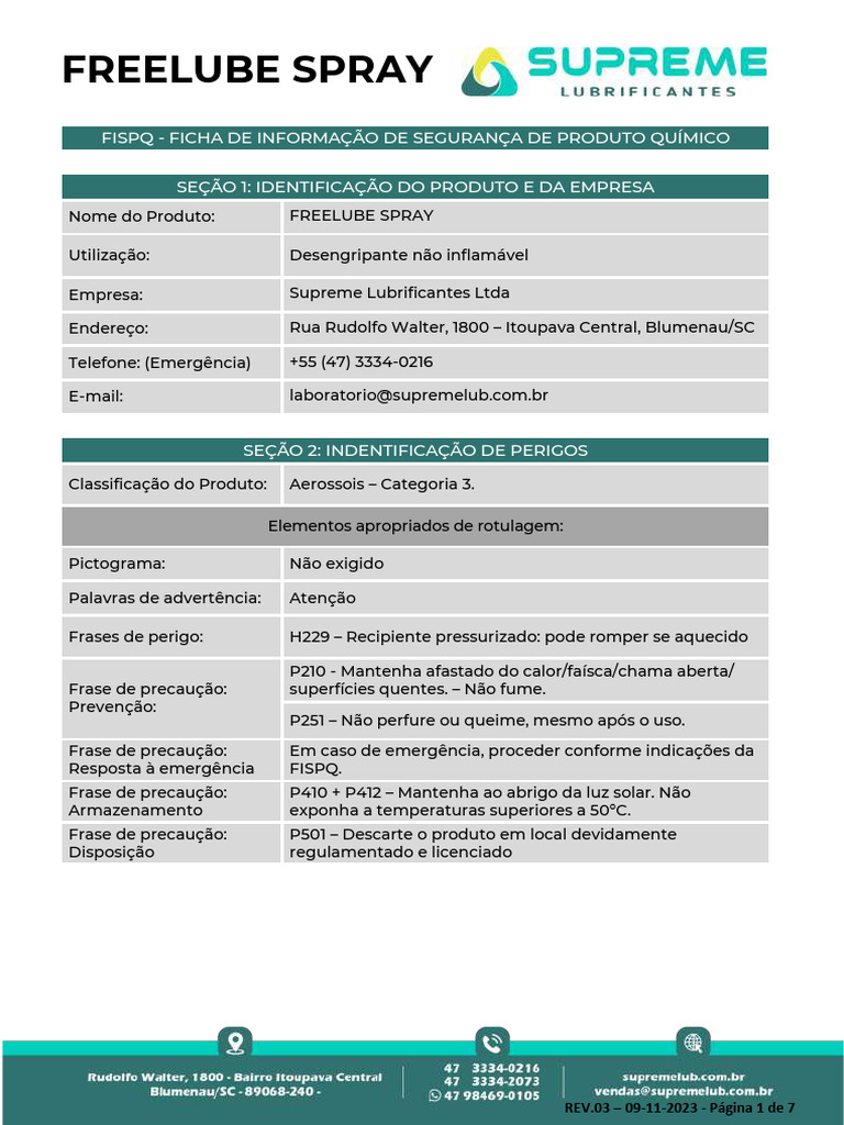 FREELUBE-SPRAY-FISPQ | PDF | Embalagem e rotulagem | Dióxido de carbono