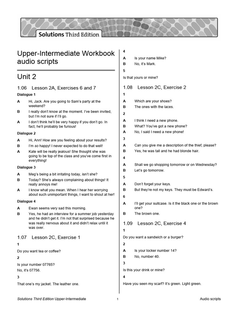 Upp-Int Workbook Unit 2 Audio Script | PDF