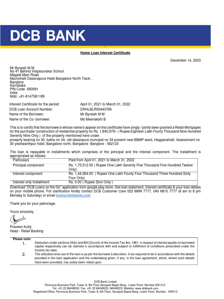 DCB Bank Home Loan Interest Certificate | PDF | Loans | Mortgages