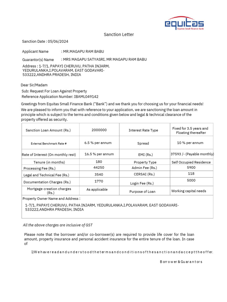 Getdocument Bikkina Yesu Babu Sanction Letter PDF | PDF | Loans | Mortgages