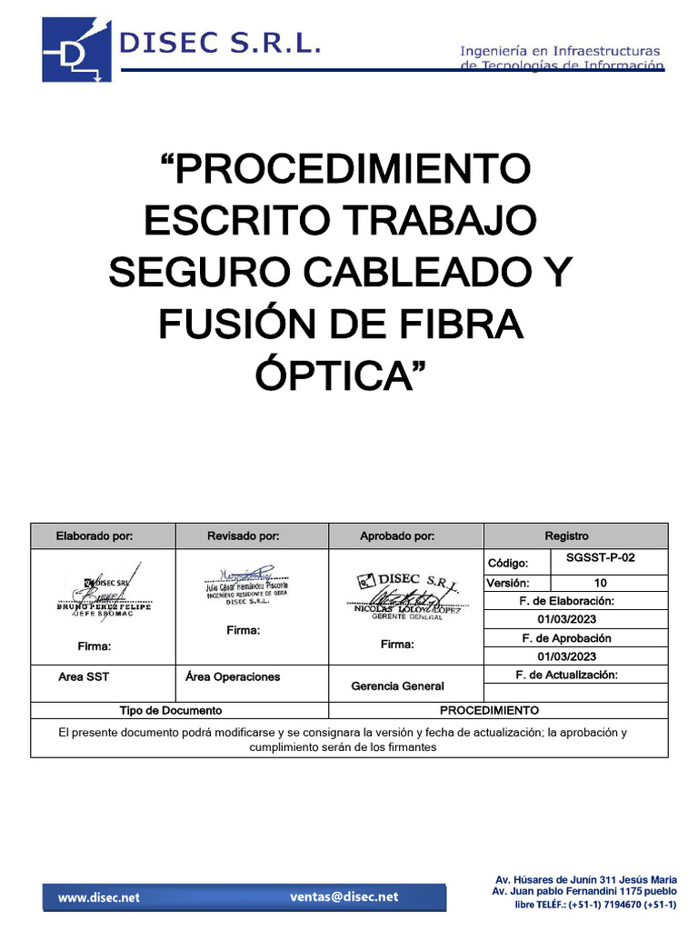 SGSST-P-02 Procedimiento para Cableado y Fusión de Fibra Optica | PDF | Fibra óptica | Óptica