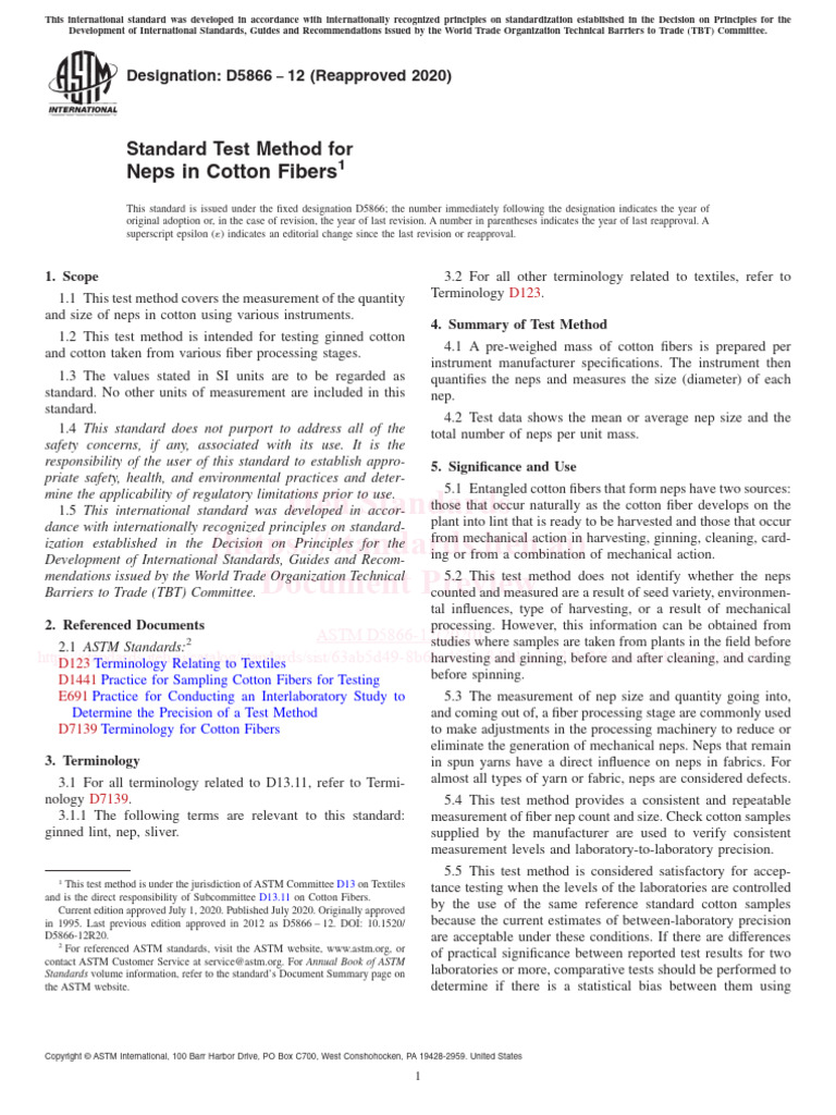 Astm D5866 12 2020 | PDF | Sampling (Statistics) | Textiles