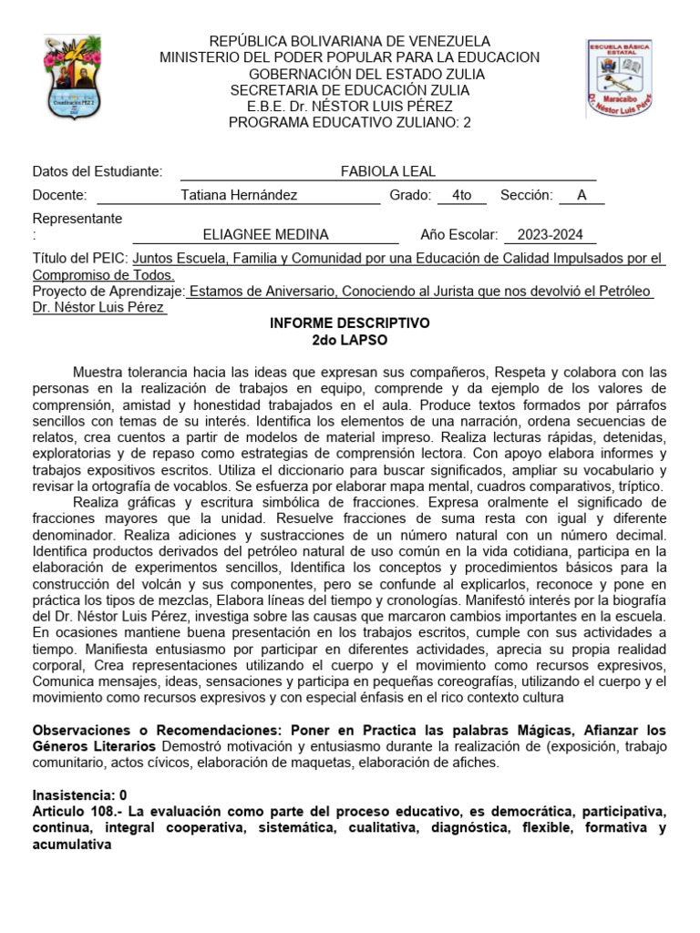 BOLETIN DESCRIPTIVO 2do Lapso 4to Grado | PDF | Evaluación | Aprendizaje