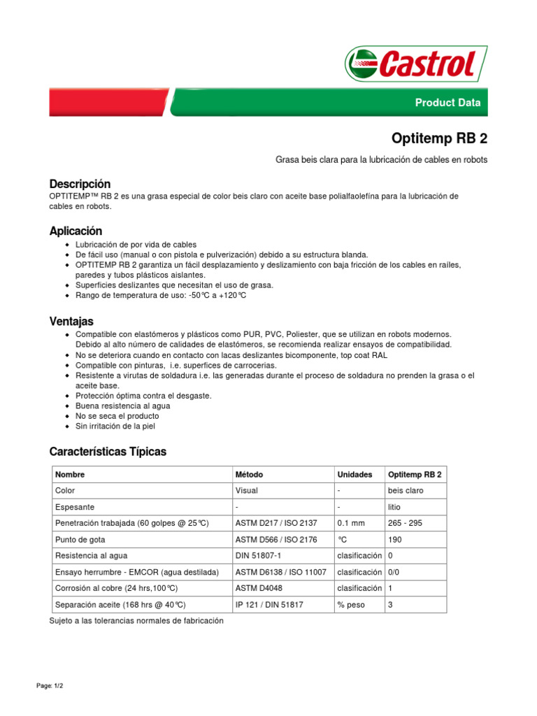 Grasa Lubricación Cables Optitemp RB2 | PDF | Sustancias químicas ...