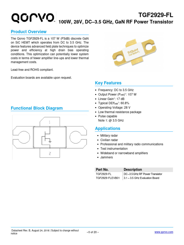 100W GaN RF Power Transistor Datasheet | PDF | Amplifier | Field Effect ...
