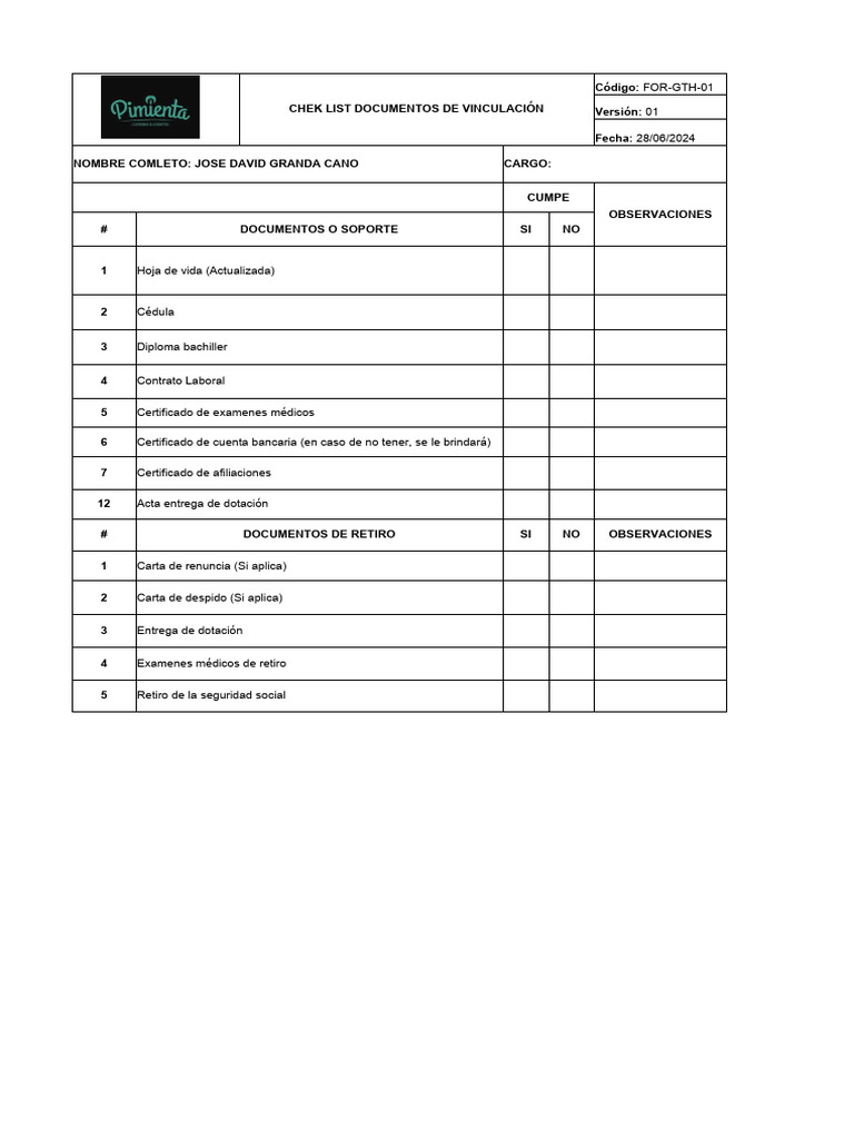 Chek List Documentos Vinculación | PDF | Gobierno y personalidad | Autenticación