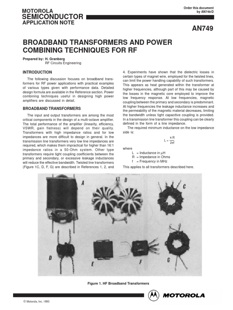 AN749 Broadband Transformers Power Combining Techniques RF | PDF | Transformer | Amplifier