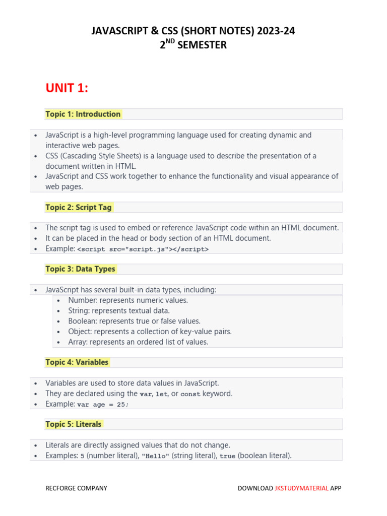 Javascript and CSS Notes - 2024 | PDF | Java Script | Dynamic Html Javascript and CSS Notes - 2024 | PDF | Java Script | Dynamic Html