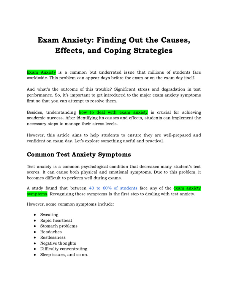 Exam Anxiety Cause, Effect & Coping Strategies | PDF | Anxiety | Fear