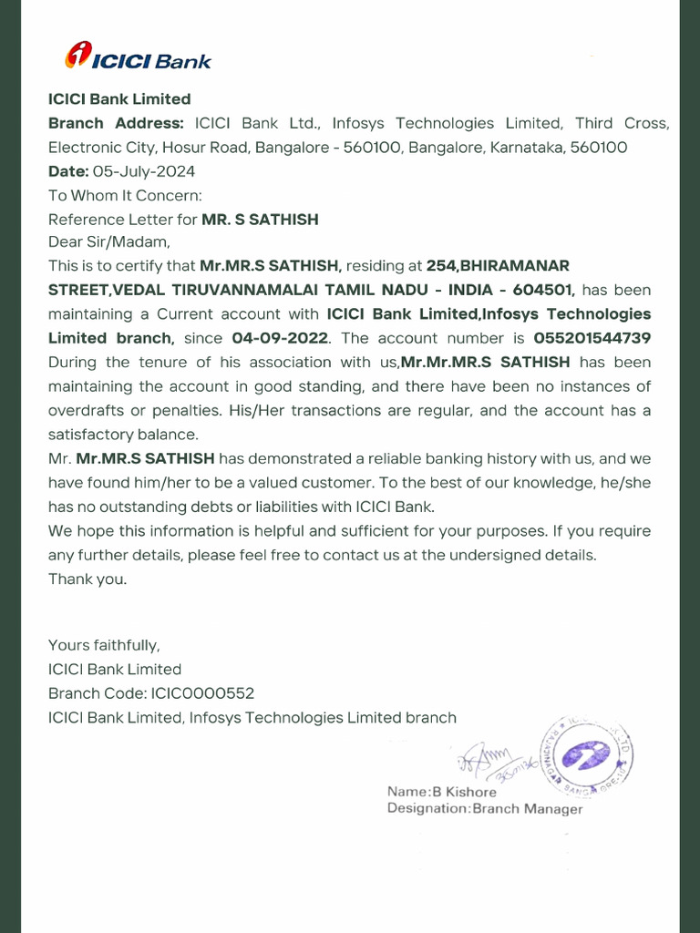 Icici Bank Reference Letter | PDF