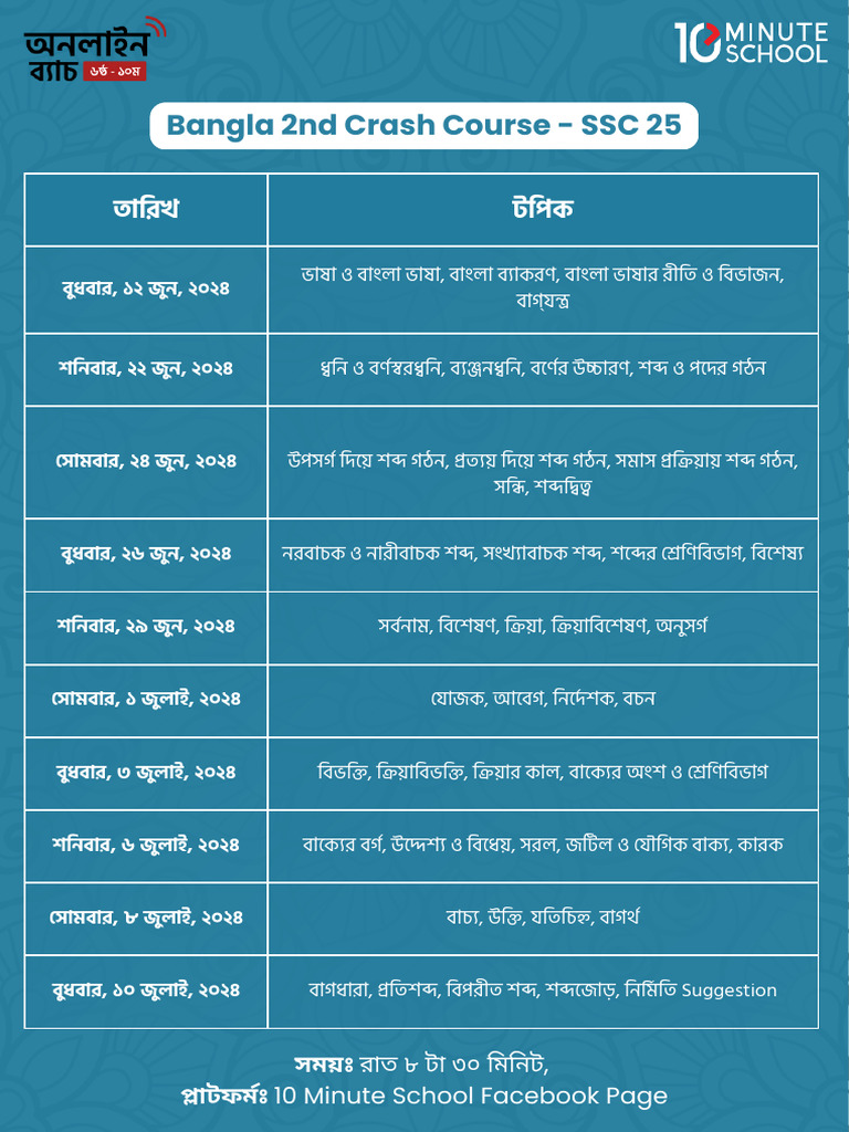 Bangla 2nd Crash Course SSC 25 Routine | PDF