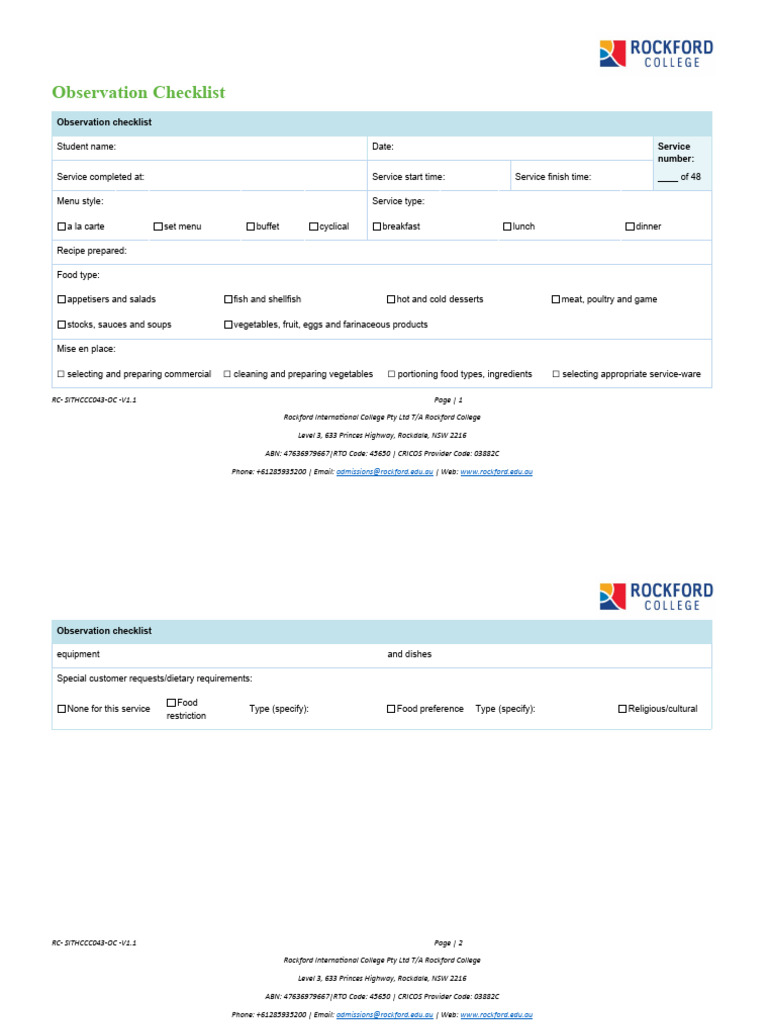 SITHCCC043 Observation Checklist | PDF | Menu | Lunch