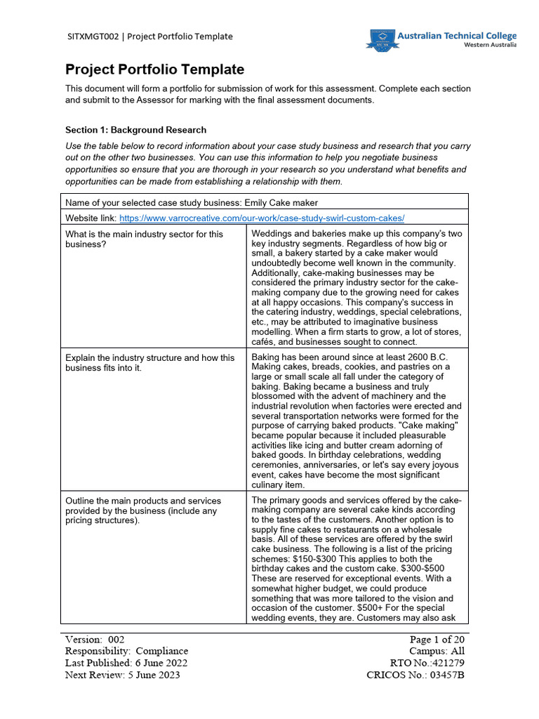 SITXMGT002 Student Assessment Project - Portfolio - 5 | PDF