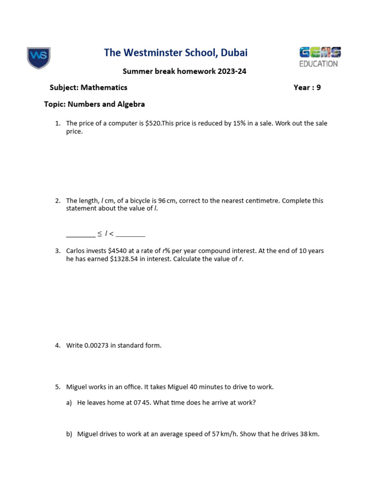 Year 9-Maths Summer Break Homework | PDF | Mathematics