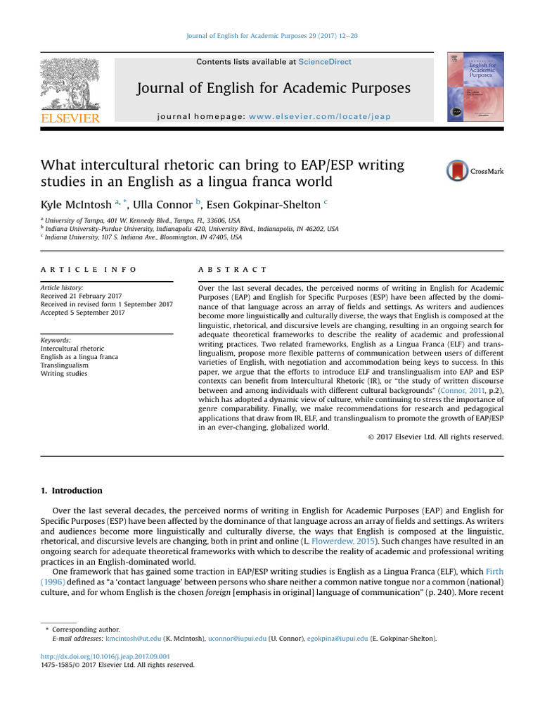 Journal of English For Academic Purposes: Kyle Mcintosh, Ulla Connor ...